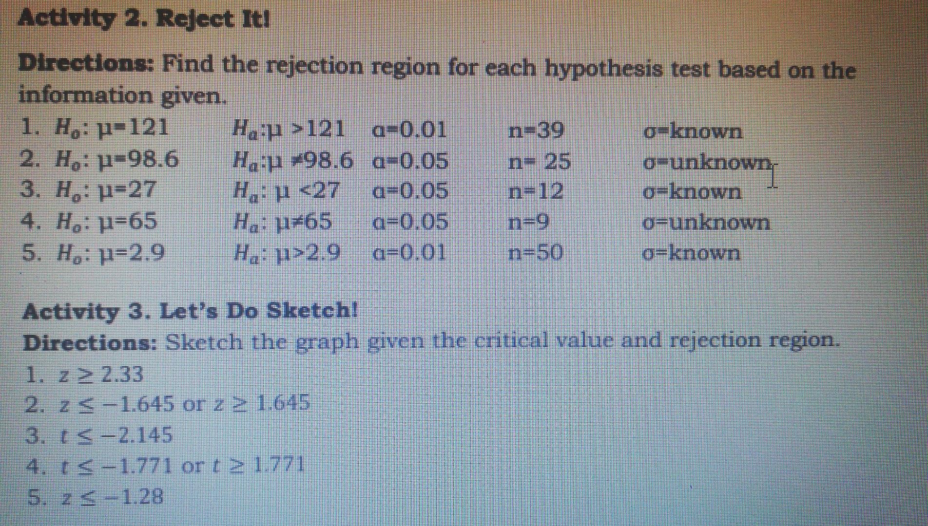 Solved Activity 2. Reject It! Directions: Find the rejection | Chegg.com