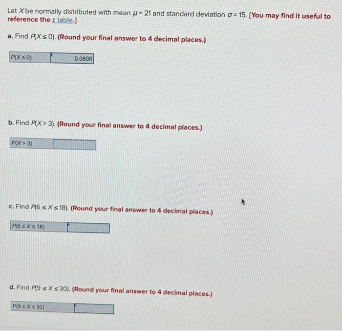 Solved Let X be normally distributed with mean μ=21 and | Chegg.com
