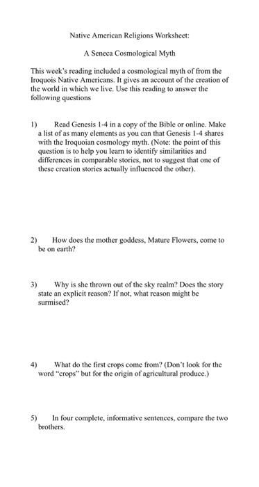 Native American Religions Worksheet: A Seneca | Chegg.com