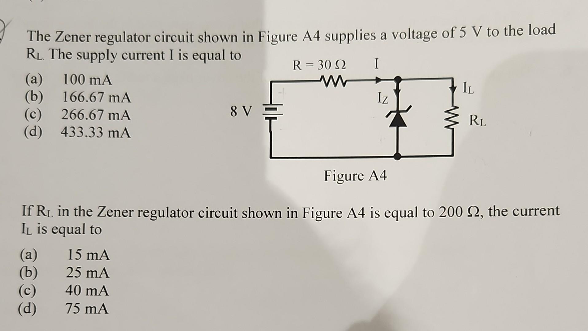 Solved The Zener regulator circuit shown in Figure A4 | Chegg.com