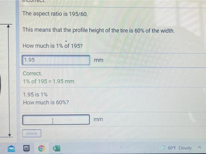 Solved The aspect ratio is 195/60. This means that the | Chegg.com