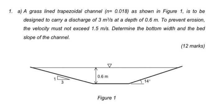 Solved 1. a) A grass lined trapezoidal channel (n= 0.018) as | Chegg.com