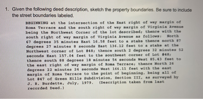 Solved 1. Given the following deed description, sketch the | Chegg.com