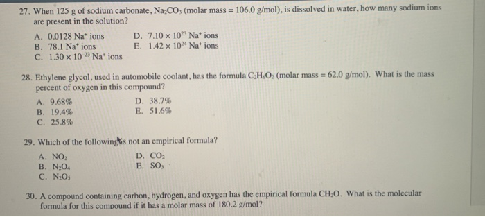 Solved 27. When 125 g of sodium carbonate, Na2CO3 (molar | Chegg.com