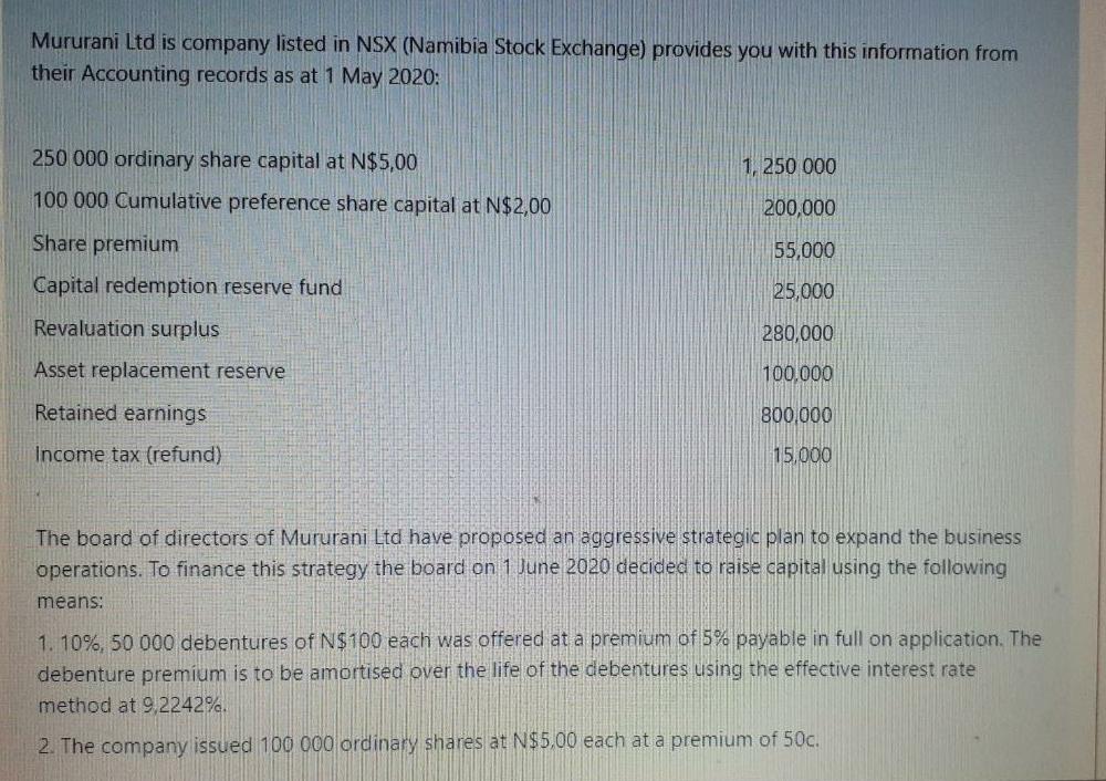 Mururani Ltd is company listed in NSX (Namibia Stock | Chegg.com