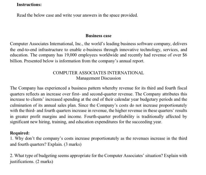 Solved Read the below case and write your answers in the | Chegg.com