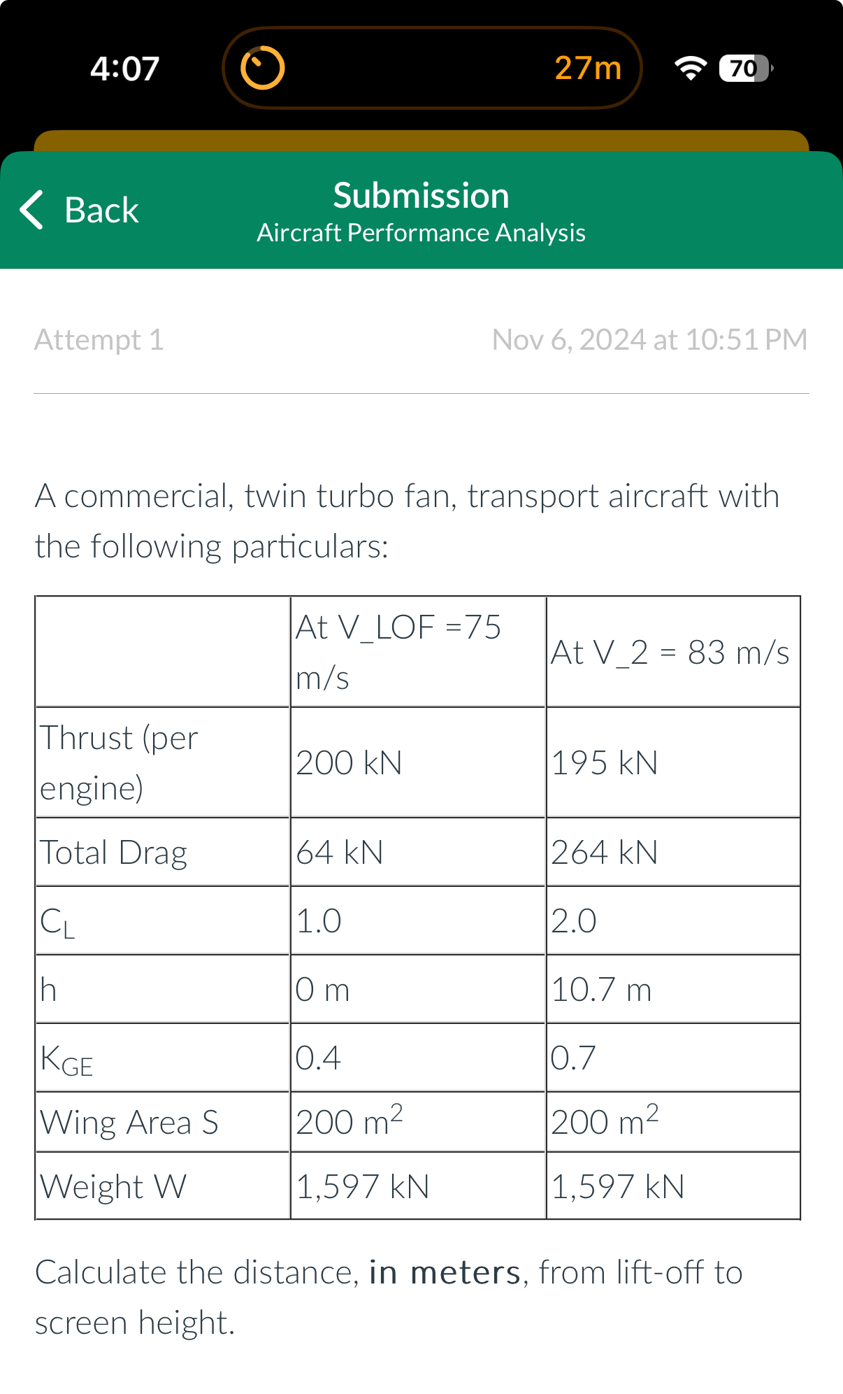 Solved 4:0727m70BackSubmissionAircraft Performance | Chegg.com