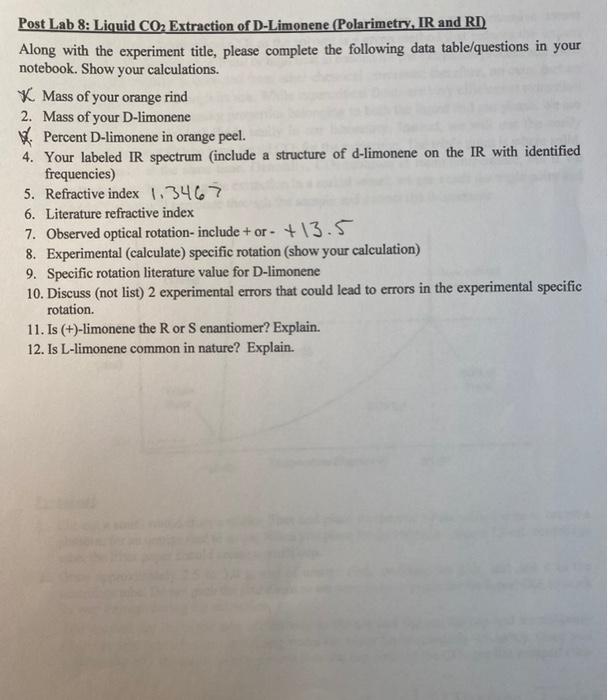Solved Post Lab 8: Liquid CO2 Extraction of D-Limonene | Chegg.com