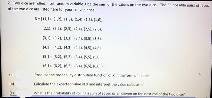 Solved 2. Two dice are rolled. Let random variable X be the | Chegg.com