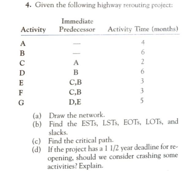 Solved 4. Given the following highway rerouting project: | Chegg.com