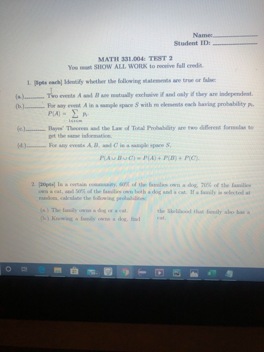 Solved Name: Student ID: MATH 331.004: TEST 2 You must SHOW | Chegg.com