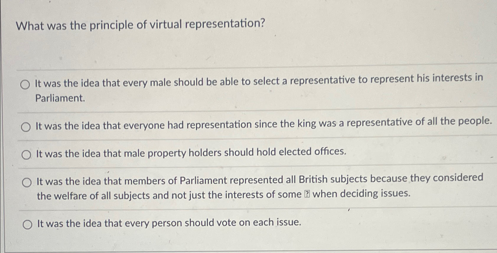 Solved What was the principle of virtual representation?It | Chegg.com