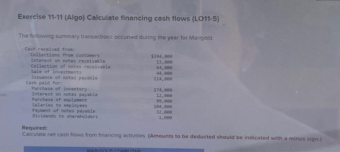 Solved Exercise 11-11 (Algo) Calculate flnancing cash flows | Chegg.com