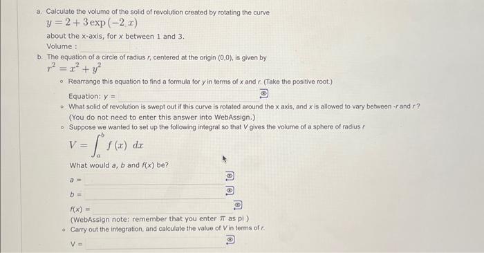 Solved a. Calculate the volume of the solid of revolution | Chegg.com
