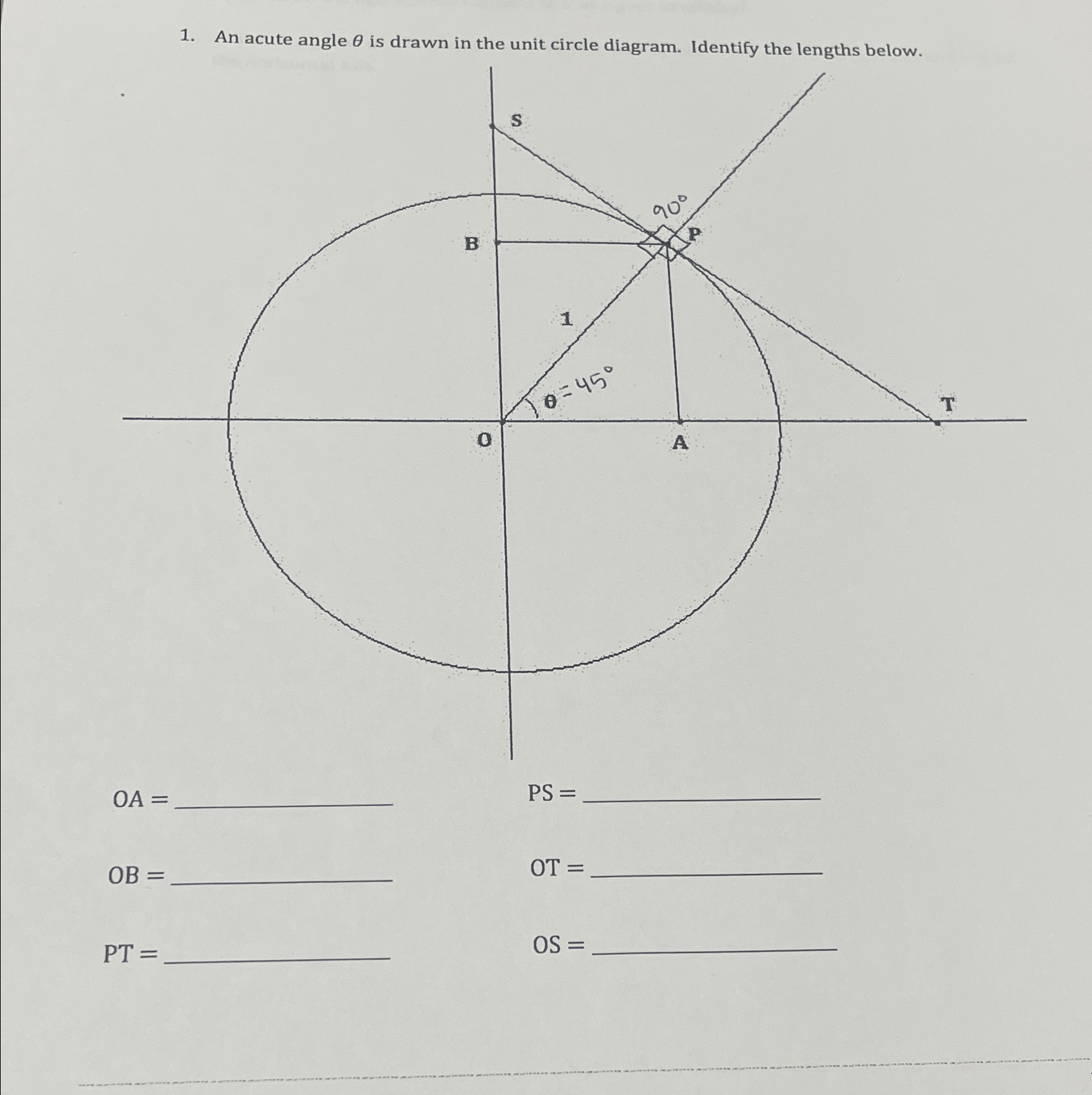 Solved An acute angle θ ﻿is drawn in the unit circle | Chegg.com