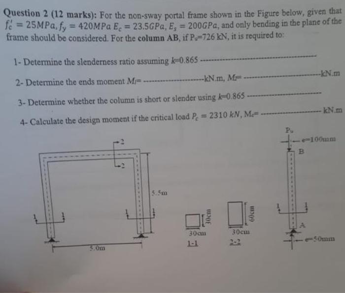 Question 2 (12 marks): For the non-sway portal frame | Chegg.com