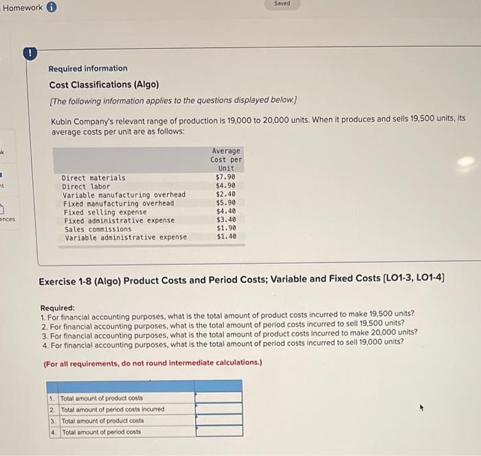 Solved Saved Homework Required information Cost | Chegg.com