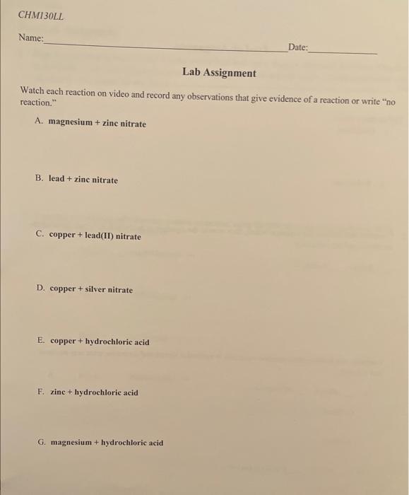 Solved Lab Assignment Watch each reaction on video and | Chegg.com