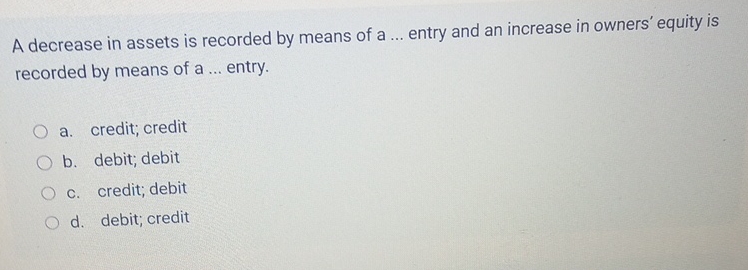 Solved A decrease in assets is recorded by means of a ... | Chegg.com