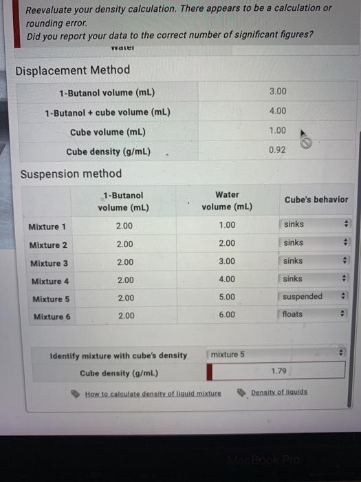 Solved Reevaluate your density calculation. There appears to | Chegg.com