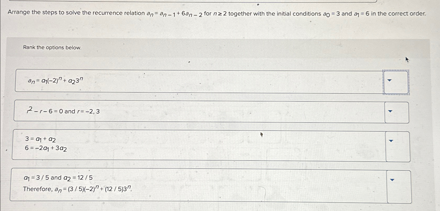 Solved Arrange the steps to solve the recurrence relation | Chegg.com