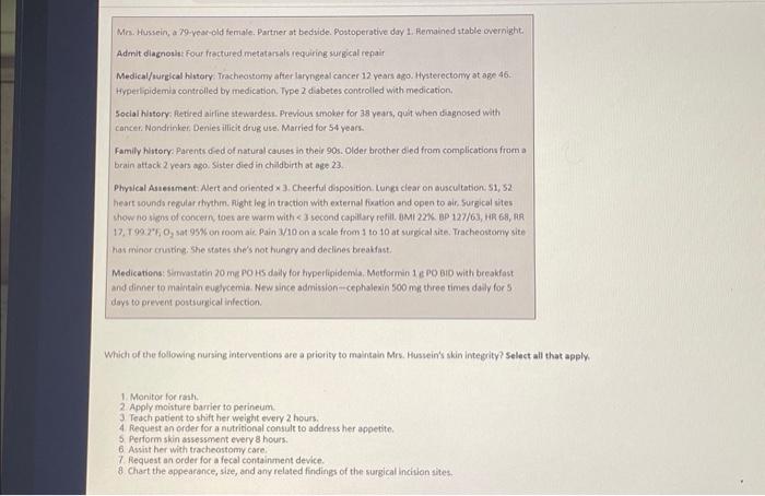 Solved Mrs. Hussein, a 79-year-old female. Partner at | Chegg.com