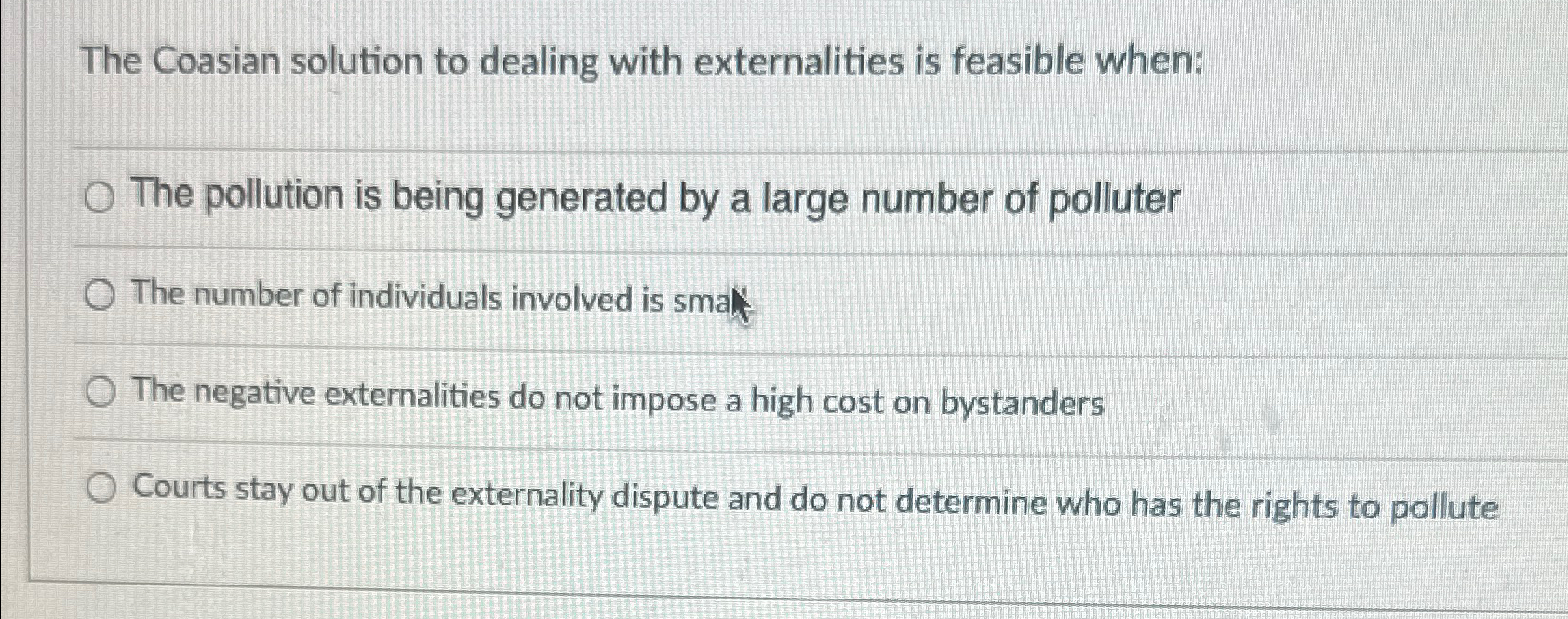 Solved The Coasian solution to dealing with externalities is | Chegg.com