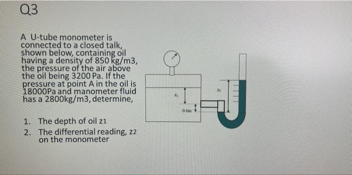 Solved Q3 A U-tube monometer is connected to a closed talk, | Chegg.com
