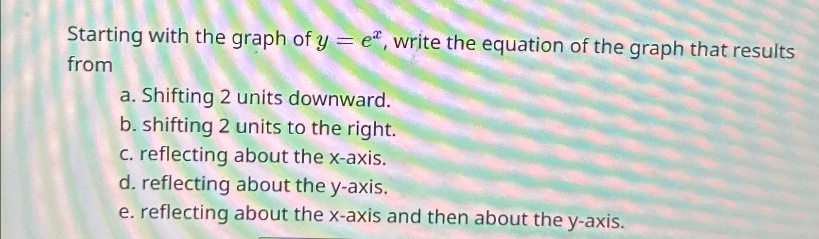 Solved Starting with the graph of y=ex, ﻿write the equation | Chegg.com