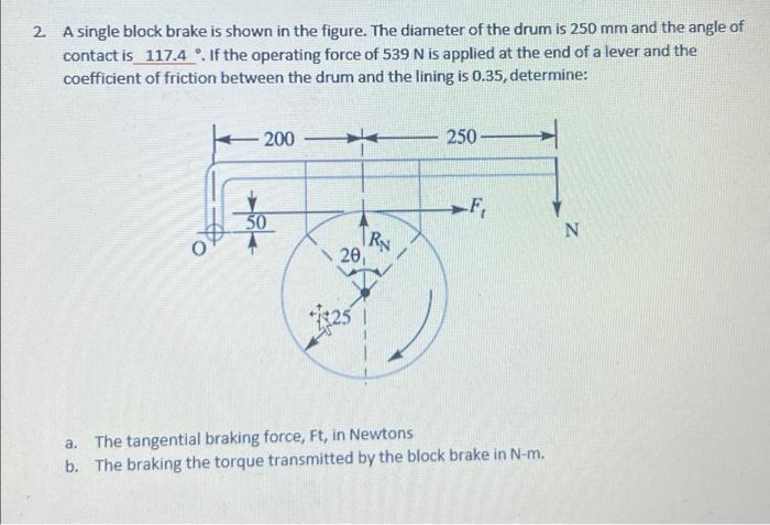 Solved 2 A single block brake is shown in the figure. The | Chegg.com