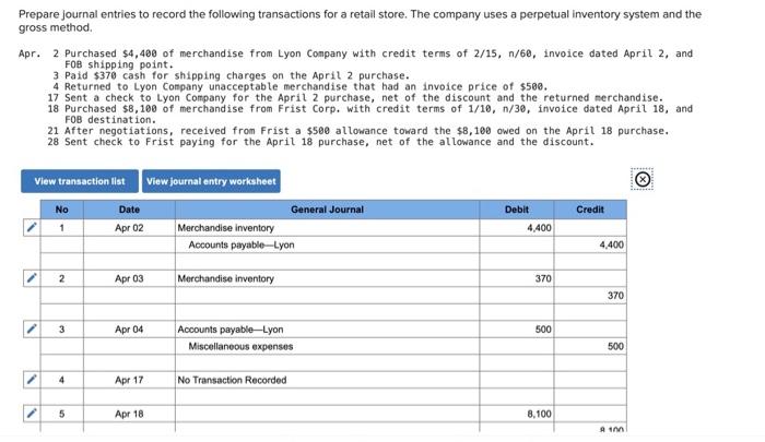 Solved 17 Sent a check to Lyon Company for the April 2 | Chegg.com