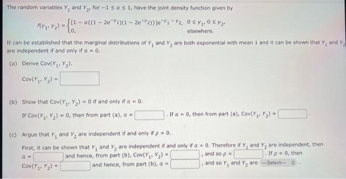 Solved The random variables Y1 and Y2, for −1≤α≤1, have the | Chegg.com
