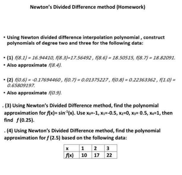 Solved Newton's Divided Difference method (Homework) . Using | Chegg.com