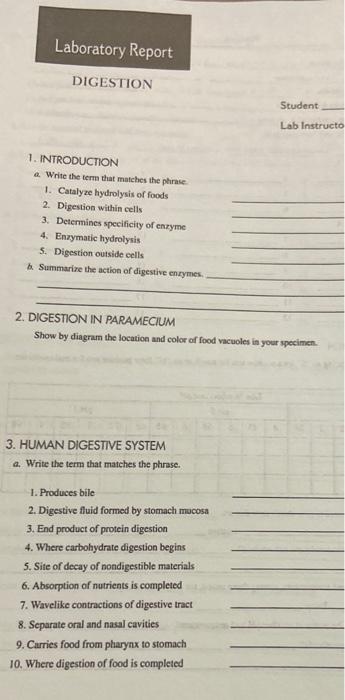 Laboratory Report DIGESTION 1. INTRODUCTION a. Write | Chegg.com