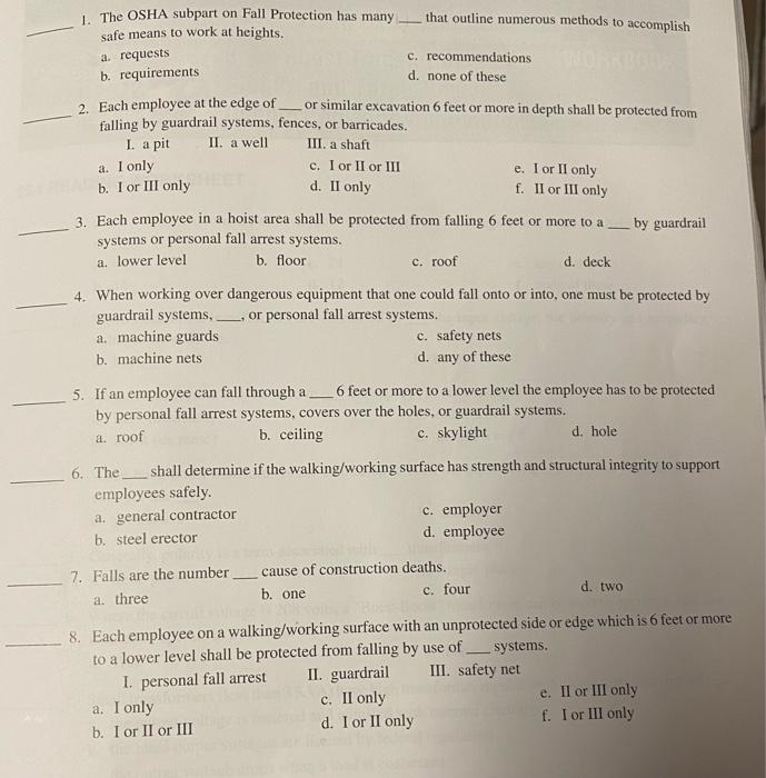 Solved 1. The OSHA subpart on Fall Protection has many that | Chegg.com