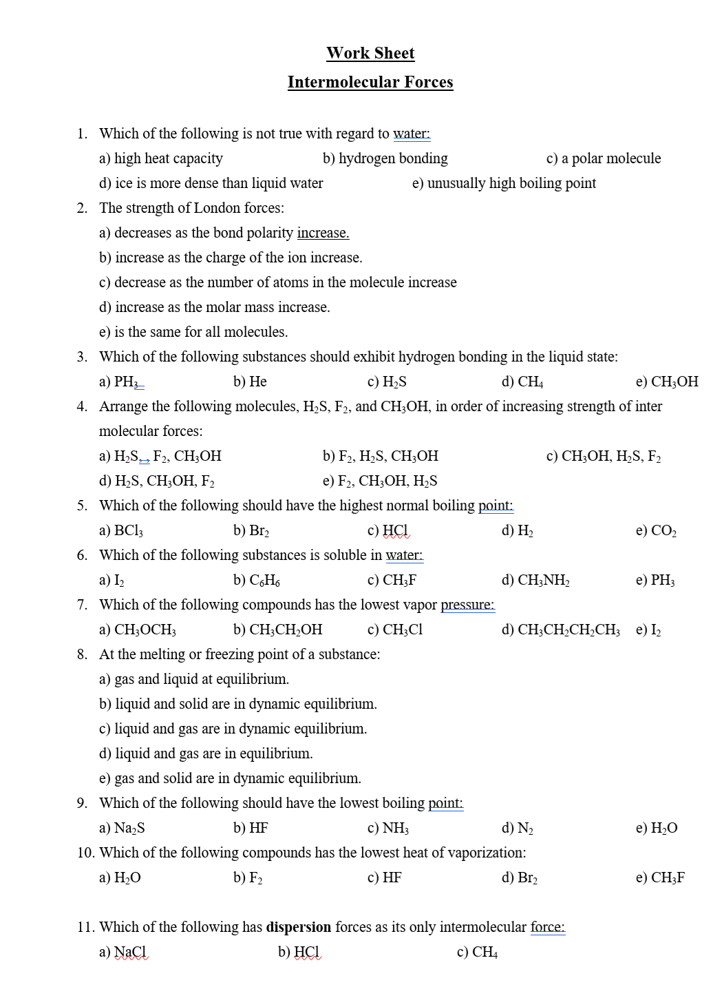 Solved Work Sheet Intermolecular Forces a) PH 1. Which of | Chegg.com