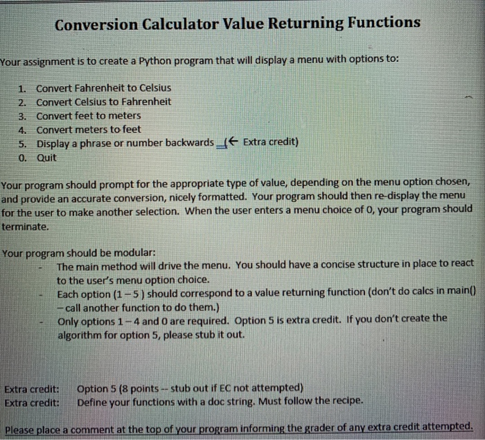 Solved Conversion Calculator Value Returning Functions Your | Chegg.com