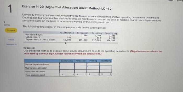 Solved Save 1 Exercise 11-29 (Algo) Cost Allocation: | Chegg.com