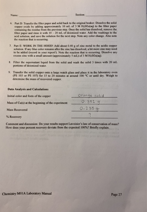 Name: Section: Experiment #6: Synthesis of Copper(II) | Chegg.com