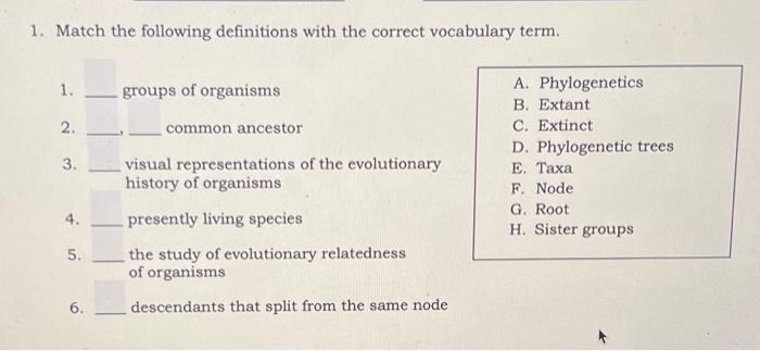 Solved 1. Match the following definitions with the correct | Chegg.com