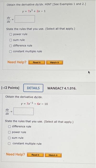 Solved Obtain the derivative dy/dx. HINT (See Examples 1 and | Chegg.com