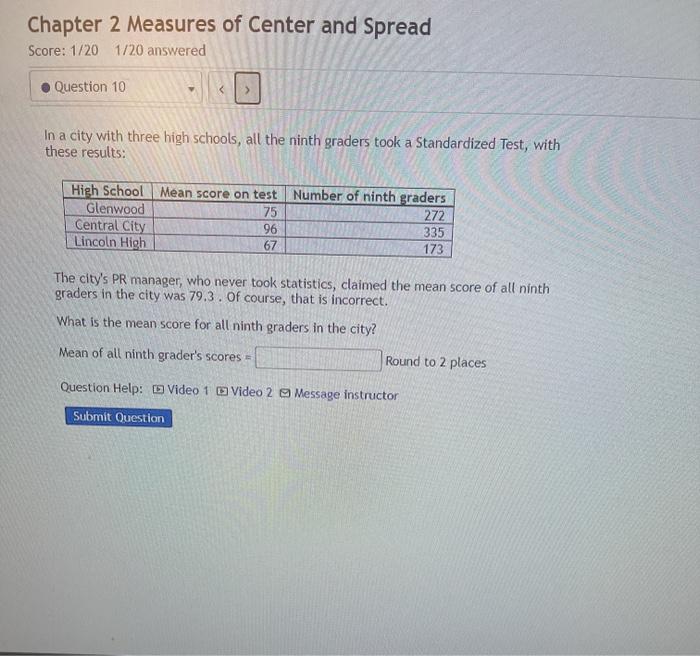 Solved Chapter 2 Measures of Center and Spread Score: 1/20 | Chegg.com
