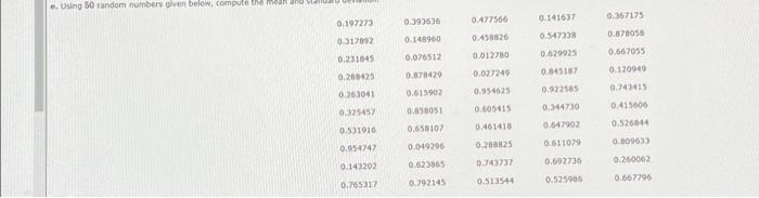 Solved e. Using 50 random numbers given below, compute the | Chegg.com