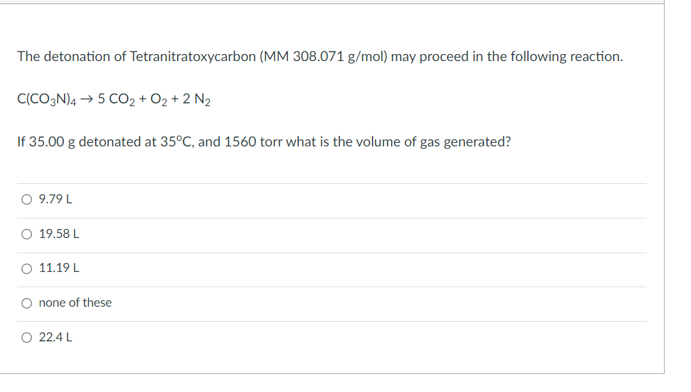 Solved The detonation of Tetranitratoxycarbon (MM | Chegg.com