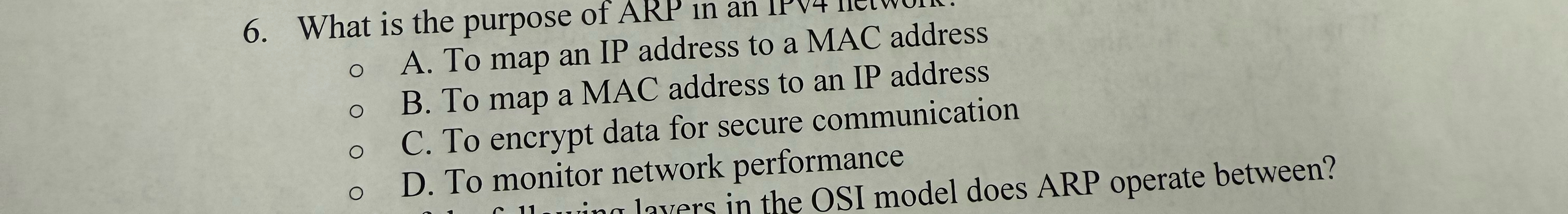 Solved What is the purpose of ARP in an IPv4 ﻿iermoin.A. ﻿To | Chegg.com