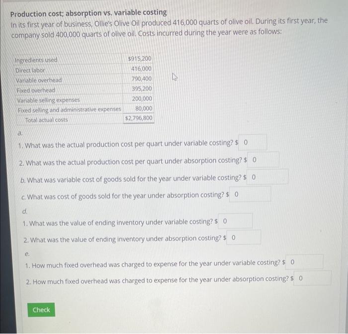 Solved Production cost; absorption vs. variable costing In | Chegg.com
