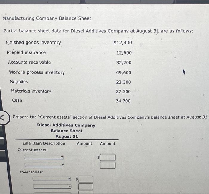 Solved Manufacturing Company Balance Sheet Partial balance | Chegg.com