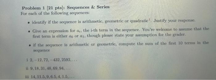 Solved Problem 1 [21 pts]: Sequences \& Series For each of | Chegg.com
