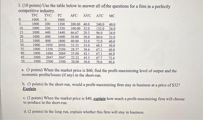 Solved 1. ( 10 points) Use the table below to answer all of | Chegg.com