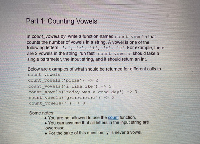 Solved Part 1 Counting Vowels In Count vowels py Write A Chegg